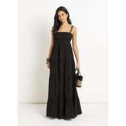 Schwarzes Maxikleid aus Baumwolle mit gerafften Tr&auml;gern und Schlagseite
