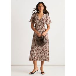 Schokoladenfarbenes Midikleid mit Paisleymuster und R&uuml;schen