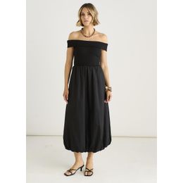 Schwarzes Midi-Kleid aus Jersey-Mix mit Puff&auml;rmeln im Bardot-Stil