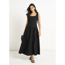 Schwarzes Midikleid aus Leinenmischung mit tief sitzender Taille