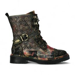 Laura Vita Incaso 36 Schwarze Damenstiefel mit Blumenmuster im Gothic-viktorianischen Stil aus Leder