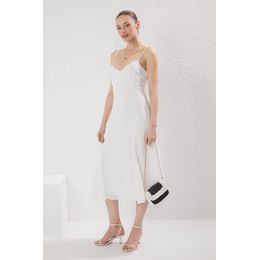 Ecrufarbenes, gerades Midikleid f&uuml;r Damen, locker fallend, f&uuml;r Tag und Abend geeignet
