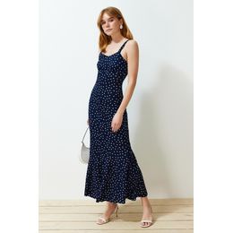 Dunkelblaues, langes Spaghettitr&auml;ger-Abendkleid von P&uuml;nktchen f&uuml;r Damen, figurbetont, auch f&uuml;r den Alltag geeignet