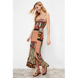 Damen-Midikleid mit Ethno-Muster, Spaghettitr&auml;gern, l&auml;ssig, normale Passform
