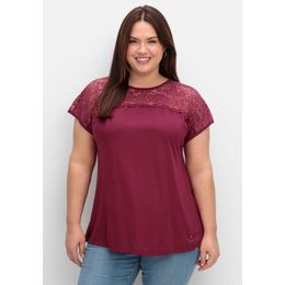 Spitzenshirt sheego "Spitzenshirt", Damen, Gr. 40/42, lila (beere), 100% Viskose, unifarben, Rundhals, Shirts