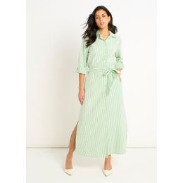 Gr&uuml;nes lang&auml;rmeliges Seersucker-Streifen-Hemdkleid