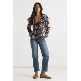 Marineblaue Bluse mit Blumenmuster und R&uuml;schen vorne