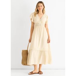 Beigegeh&auml;keltes Midikleid mit elastischer Taille und Spitzeneinsatz