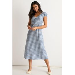 Blaues Midikleid mit V-Ausschnitt und strukturiertem Gingham-Muster