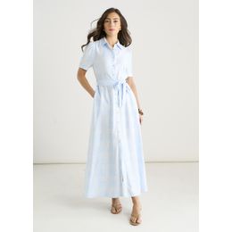 Maxikleid aus Baumwollmischung mit blauem Fliesenmuster und durchgehender Knopfleiste
