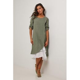 Le Monde du Lin Leinen-Kleid in Khaki/ Wei&szlig; - 76% | Gr&ouml;&szlig;e 34/36 | Damen-kleider