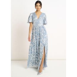 Blaues Metallic-Folien-Print Maxikleid mit kurzen &Auml;rmeln