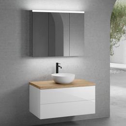 neoro n50 Unterschrank B: 100 cm mit 2 Ausz&uuml;gen, Waschtisch &Oslash; 40 cm wei&szlig; matt, mit Spiegelschrank f&uuml;r die Schweiz,,