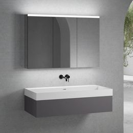neoro n50 Unterschrank B: 120 cm mit 1 Auszug, Waschtisch ohne Hahnloch wei&szlig; matt, mit Spiegelschrank f&uuml;r die Schweiz,, BN0136WM+BN0414GR+BN0488MI,