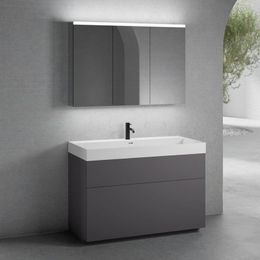 neoro n50 Unterschrank B: 120 cm mit 2 Ausz&uuml;gen, Waschtisch mit 1 Hahnloch wei&szlig; matt, mit Spiegelschrank f&uuml;r die Schweiz,, BN0140WM+BN0444GR+BN0488MI,