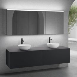 neoro n50 M&ouml;belanlage B: 200 cm mit 2 Ausz&uuml;gen, 2 Waschtische &Oslash; 40 cm wei&szlig; matt, mit Spiegelschrank f&uuml;r die Schweiz,,