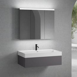 neoro n50 Unterschrank B: 100 cm mit 1 Auszug, Waschtisch mit 1 Hahnloch wei&szlig; matt, mit Spiegelschrank f&uuml;r die Schweiz,, BN0139WM+BN0413GR+BN0487MI,