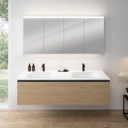 rivea Dia Unterschrank B: 161 cm mit 1 Auszug, Doppelwaschtisch mit 2 Hahnl&ouml;chern wei&szlig; matt, mit n50 Spiegelschrank f&uuml;r die Schweiz,,