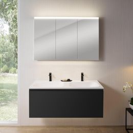 rivea Dia Unterschrank B: 121 cm mit 1 Auszug, Doppelwaschtisch mit 2 Hahnl&ouml;chern wei&szlig; matt, mit n50 Spiegelschrank f&uuml;r die Schweiz,,
