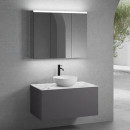 neoro n50 Unterschrank B: 100 cm mit 1 Auszug, Waschtisch &Oslash; 40 cm wei&szlig; matt, mit Spiegelschrank f&uuml;r die Schweiz,, BN0064WM+BN0433GR+BN0403C1+BN0487MI,