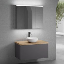 neoro n50 Unterschrank B: 100 cm mit 1 Auszug, Waschtisch &Oslash; 40 cm wei&szlig; matt, mit Spiegelschrank f&uuml;r die Schweiz,, BN0064WM+BN0433GR+BN0403W1+BN0487MI,