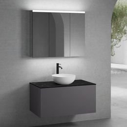 neoro n50 Unterschrank B: 100 cm mit 1 Auszug, Waschtisch &Oslash; 40 cm wei&szlig; matt, mit Spiegelschrank f&uuml;r die Schweiz,, BN0064WM+BN0433GR+BN0403C2+BN0487MI,