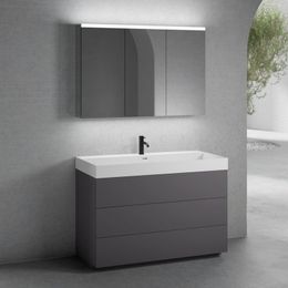 neoro n50 Unterschrank B: 120 cm mit 3 Ausz&uuml;gen, Waschtisch mit 1 Hahnloch wei&szlig; matt, mit Spiegelschrank f&uuml;r die Schweiz,, BN0140WM+BN0454GR+BN0488MI,