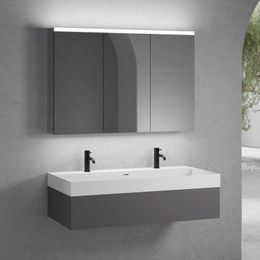 neoro n50 Unterschrank B: 120 cm mit 1 Auszug, Doppelwaschtisch mit 2 Hahnl&ouml;chern wei&szlig; matt, mit Spiegelschrank f&uuml;r die Schweiz,,