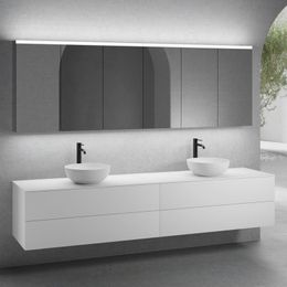 neoro n50 M&ouml;belanlage B: 240 cm mit 4 Ausz&uuml;gen, 2 Waschtische &Oslash; 45 cm wei&szlig; matt, mit Spiegelschrank f&uuml;r die Schweiz,,