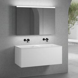 neoro n50 Unterschrank B: 120 cm mit 1 Auszug, Doppelwaschtisch ohne Hahnloch, wei&szlig; matt, mit Spiegelschrank f&uuml;r die Schweiz,,