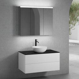 neoro n50 Unterschrank B: 100 cm mit 2 Ausz&uuml;gen, Waschtisch &Oslash; 40 cm wei&szlig; matt, mit Spiegelschrank f&uuml;r die Schweiz,,