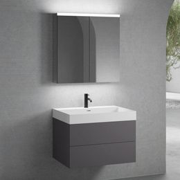 neoro n50 Unterschrank B: 80 cm mit 2 Ausz&uuml;gen, Waschtisch mit 1 Hahnloch wei&szlig; matt, mit Spiegelschrank f&uuml;r die Schweiz,, BN0138WM+BN0422GR+BN0486MI,