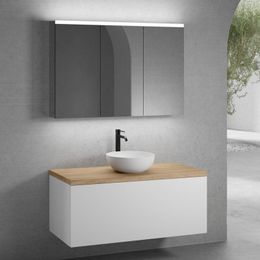 neoro n50 Unterschrank B: 120 cm mit 1 Auszug, Waschtisch &Oslash; 45 cm wei&szlig; matt, mit Spiegelschrank f&uuml;r die Schweiz,, BN0106WM+BN0434WM+BN0404W1+BN0488MI,