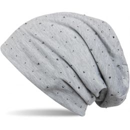 Beanie styleBREAKER "Beanie mit Strass Nieten Applikation", Herren, grau (hellgrau meliert), Obermaterial: 65% Baumwolle CO. 35% Polyester PES., Modisch, M&uuml;tzen Beanie