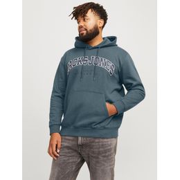 Jack & Jones PlusSize Hoodie "JJECALEB VARSITY SWEAT HOOD NOOS PLS", Herren, Gr. 5XL, grau (stormy weather), Sweatware, Obermaterial: 70% Baumwolle, 30% Polyester, JACK & JONES PLUSSIZE, bedruckt, relaxed fit normal, Rippb&uuml;ndchen, Sweatshirts Hoodie