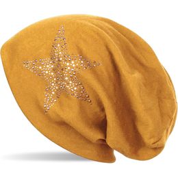 Beanie styleBREAKER "Beanie M&uuml;tze mit Strass Nieten Stern", Damen, gelb (curry), Obermaterial: 100% Viskose CV., Modisch, M&uuml;tzen Beanie