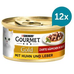 Gourmet Gold Zarte H&auml;ppchen in Sauce mit Huhn und Leber Katzen-Nassfutter Alleinfuttermittel 12x85g