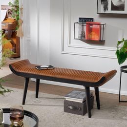 FineBuy Gepolsterte Sitzbank 125cm Echtleder Braun Retro Polsterbank Garderobenbank Bank