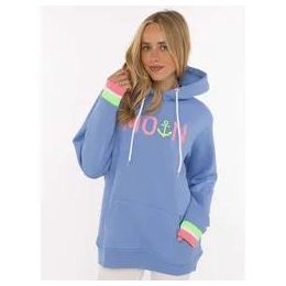 Hoodie Zwillingsherz "Rahel", Damen, Gr. XL, blau, Obermaterial: 50% Baumwolle, 50% Polyester, bedruckt, unifarben, h&uuml;ftbedeckend, ohne Ausschnitt, Rippb&uuml;ndchen kontrastfarben, Sweatshirts Hoodie, mit "MOIN" und Anker Stickerei, kontrastfarbigen &Auml;rmelb&uuml;ndchen