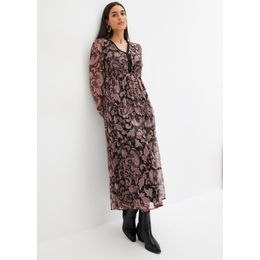 bonprix Maxikleid, schwarz, Gr.46, bedrucktes Maxikleid mit Spitze am Ausschnitt
