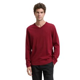 V-Ausschnitt-Pullover Tom Tailor, Herren, Gr. M, rot (schwarz samba rot melange), Strick, Obermaterial: 100% Baumwolle, meliert, regular fit normal, V-Ausschnitt, Rippb&uuml;ndchen, Pullover, mit kleiner Logo-Stickerei