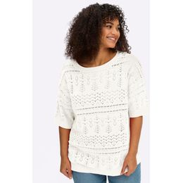 Ajourpullover sheego "Kurzarm-Pullover", Damen, Gr. 44/46, ecru, 100% Baumwolle, gemustert, unifarben, Pullover