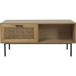 M&ouml;bilia Couchtisch M&Ouml;BILIA "Ailis", schwarz (natur, schwarz, schwarz, natur), B:110cm H:50cm T:59cm, MDF mit Paulownia-Furnier, Front Rattan, Beine pulverbeschichtetes Metall, Tische, Eckige Couchtische Holz-Couchtische Couchtisch, Je 1 Schublade, 1 offenes Fach auf beiden Seiten