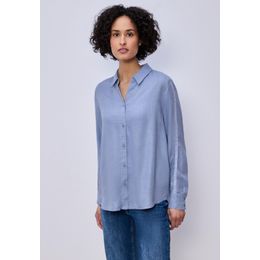 Langarmbluse Street One, Damen, Gr. 46, bonnet blau meliert, Stoff, 100% Viskose, unifarben, klassisch normal, V-Ausschnitt, B&uuml;ndchen, Blusen, mit Tape Detail am &Auml;rmel