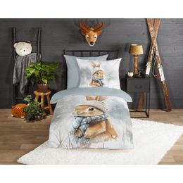 Kinderbettw&auml;sche Good Morning "Idun", braun (grau), B/L: 135cm x 200cm, 1 Stk., 1 Stk., Flanell, B/L: 80cm x 80cm, 2 Stk., Flanell, Obermaterial: 100% Baumwolle, Bettw&auml;sche, Flanell Biber, 135x200, Warm, Rei&szlig;verschluss, Wende, Kind, Hase