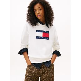 Sweatshirt Tommy Jeans "TJW REG TJ FLAG CREW", Damen, Gr. XS (34), beige (ecru), Sweatware, Obermaterial: 100% Baumwolle, bedruckt, regular fit, Rundhals, Rippb&uuml;ndchen, Sweatshirts Sweatshirt