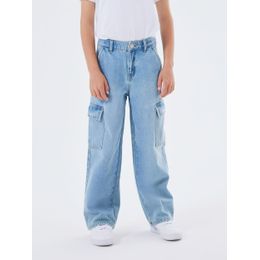 Weite Jeans name it "NKFROSE HW WIDE CARGO JEANS 6190-BS NOOS", M&auml;dchen, Gr. 164, N-Gr, blau (light blau denim), Denim/Jeans, Obermaterial: 80% Baumwolle, 20% Polyester, unifarben, regular fit kn&ouml;chellang, Jeans