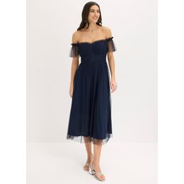 bonprix Maxikleid aus zartem T&uuml;ll, blau, Gr.48, Romantisch und feminin: Maxikleid aus zartem sowie gemustertem T&uuml;ll, welches sich auf den Schultern oder auch mit Carmen-Ausschnitt tragen l&auml;sst.