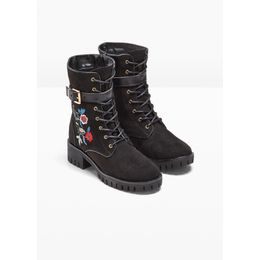 bonprix Schn&uuml;rboots mit Stickerei, schwarz, Gr.41, Verspielter Schn&uuml;rstiefel mit Blumenstickerei, aus Vegan