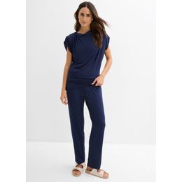 bonprix Shirt und Hose (2-tlg.Set) aus Viskose-Mix, blau, Gr.48/50 (XL), Zeitloses Set mit Gummibund und Wasserfallausschnitt, aus Viskose